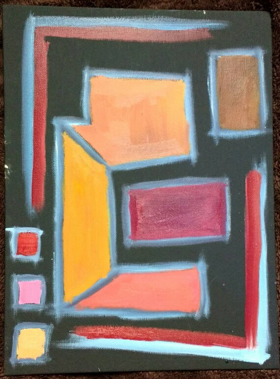 Colorful Blocky Oil Painting on Black Canvas Board | Etsy