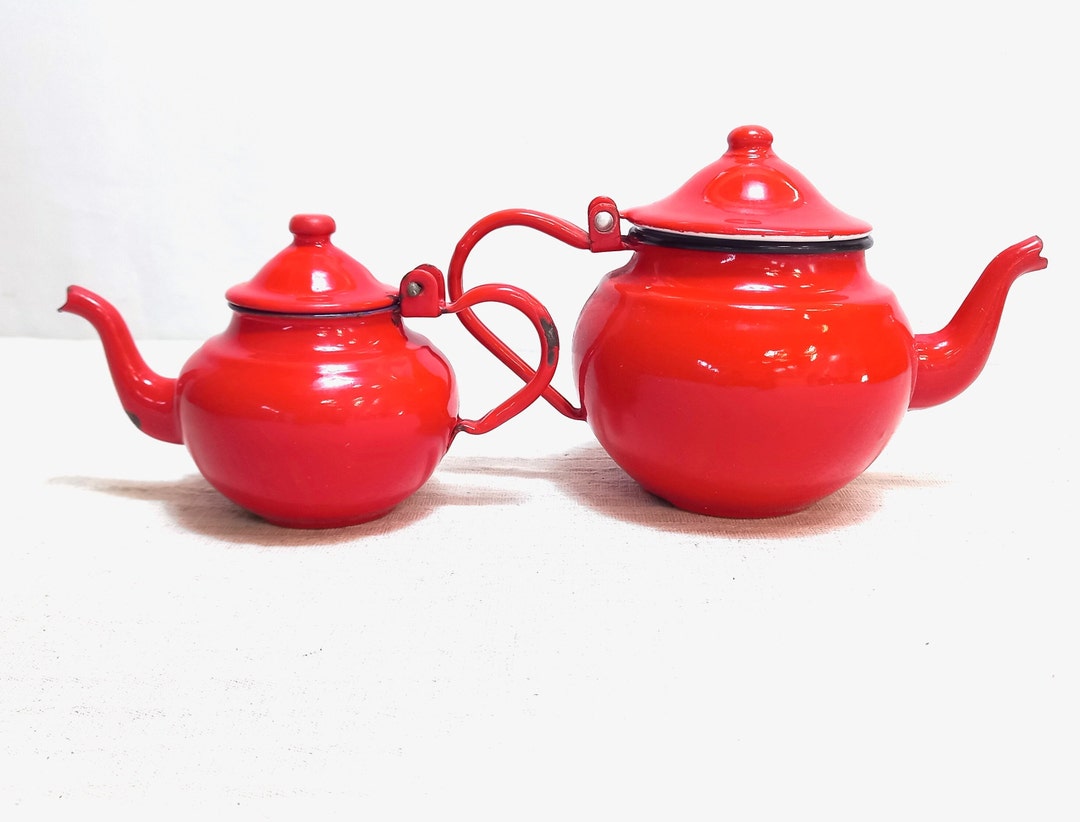 2 Piece Red Enamel Teapot Set - Enamel Teapots Red - Vintage Red ...