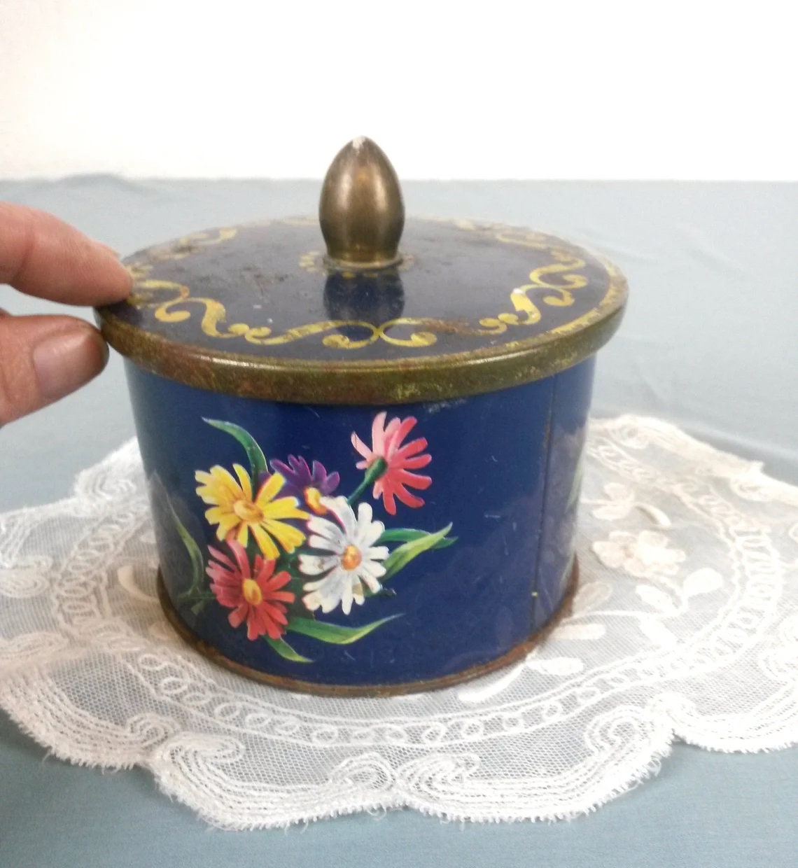 Cobalt Blue Floral Round Tin With Lid Blue & Gold Tin - Etsy