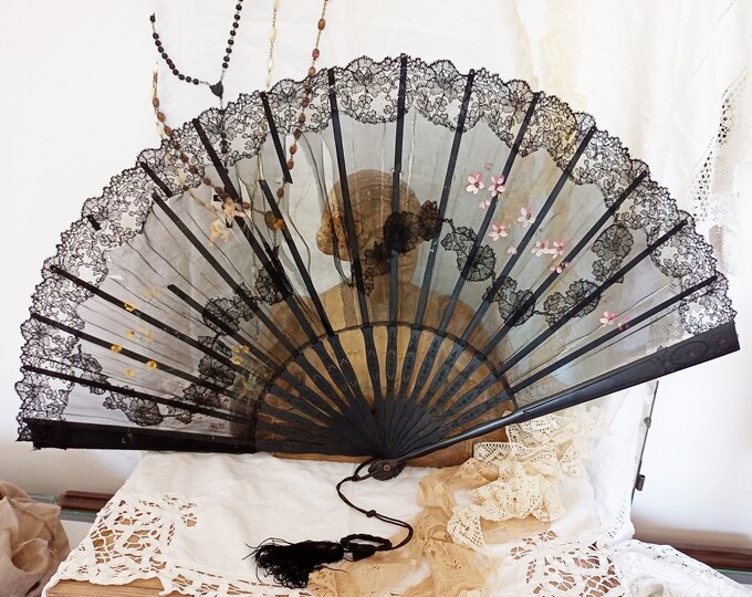 Victorian Black Lace Fan Hand Painted Cherub and Flowers - Etsy