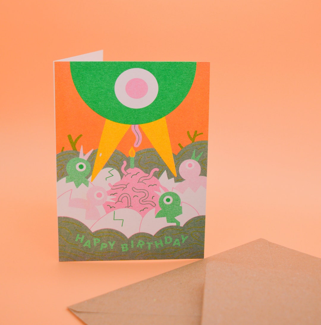 Worm Birthday Cake Risograph Greetings Card A6 - Etsy
