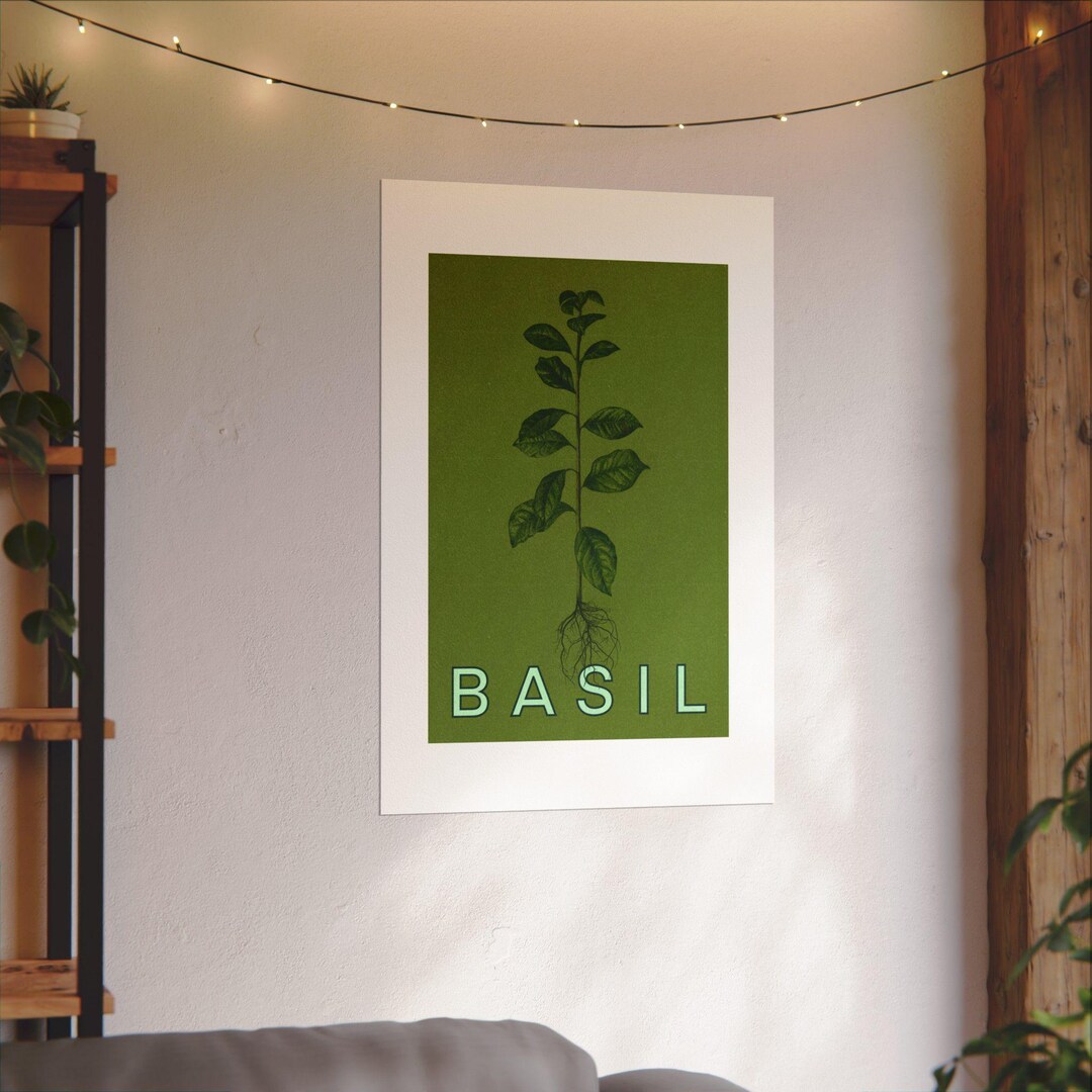 Art Print, Basil Watercolor Poster, Green Retro Screen Printing, Matte ...