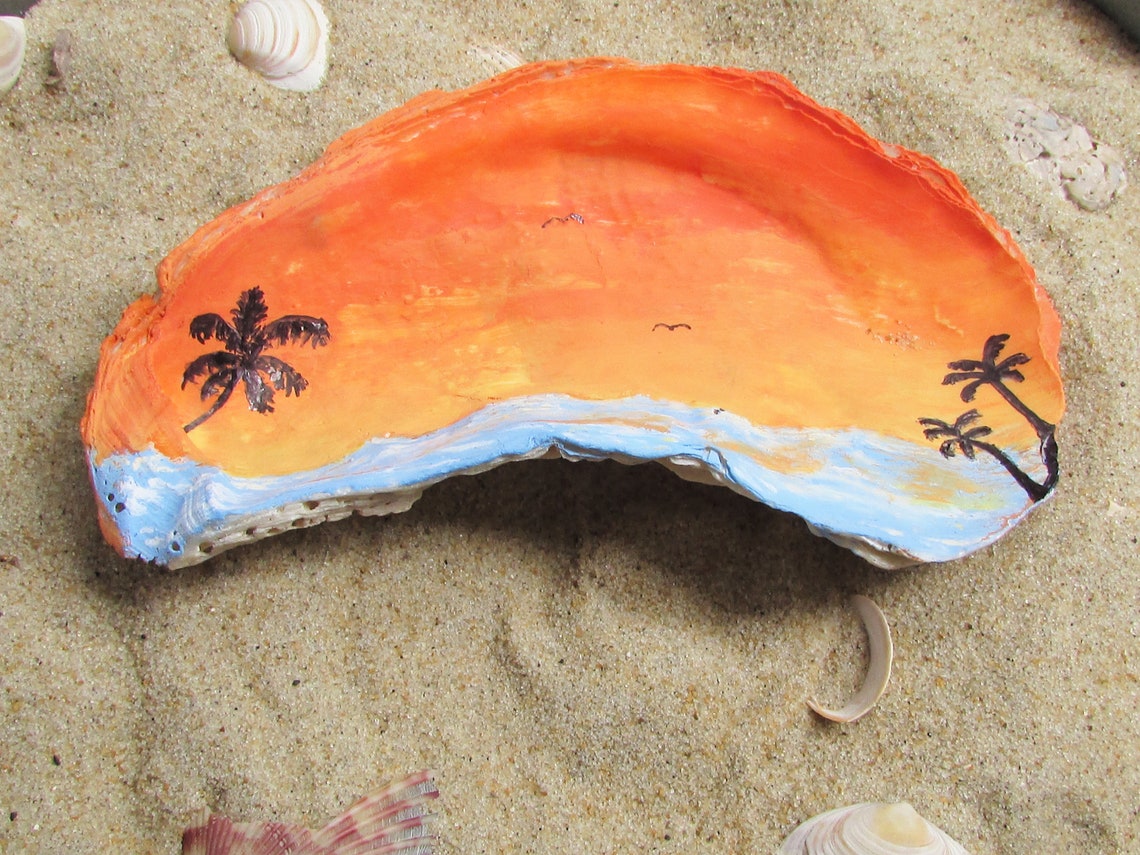 Painted Seashell Sunset Seascape Ocean Beach Scene Art Seashell Art ...