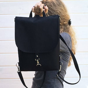 Black Convertible Backpack, Minimalist Cross Body Bag, Women Backpack ...
