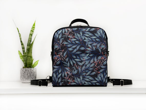 Mini Backpack Women Black Blue Leaves Small Bag Convertible | Etsy
