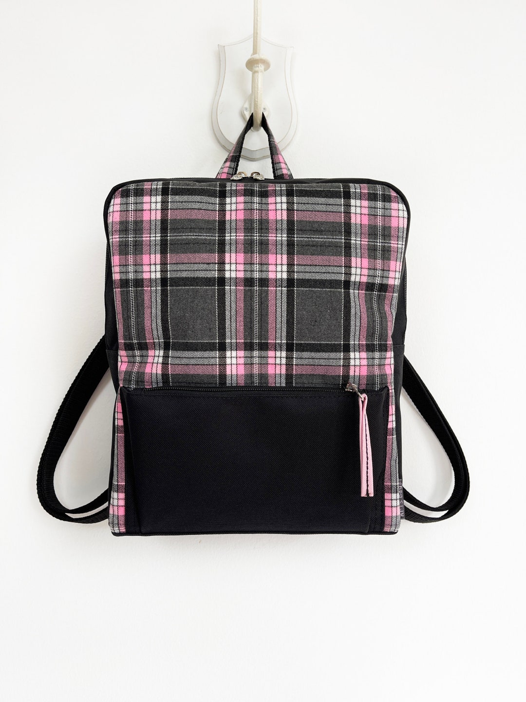 Black Pink Tweed Check Backpack Trendy Rucksack Overcheck Tweed, Sling ...
