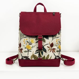 Burgundy Cottagecore Style Convertible Backpack for Women, Botanical ...