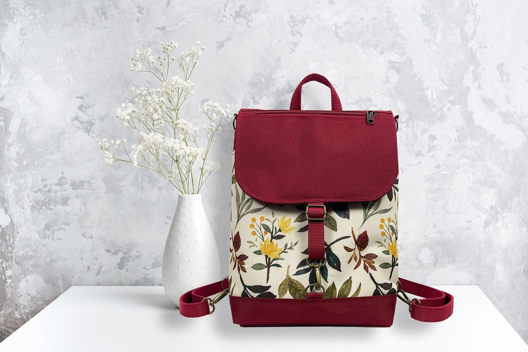 Burgundy Cottagecore Style Convertible Backpack for Women, Botanical ...