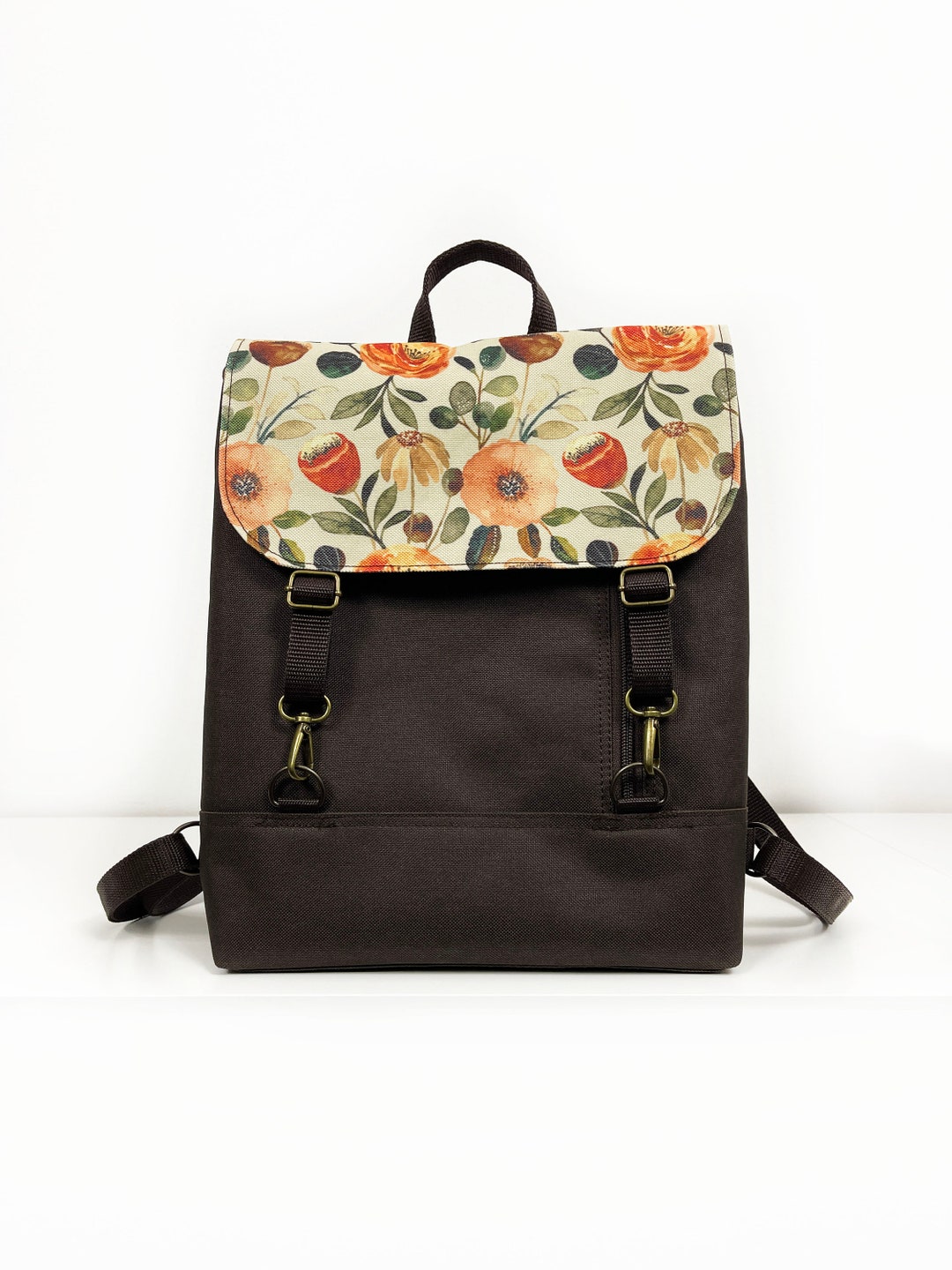 Dark Brown Floral Cottagecore Outdoor Backpack, Goblincore Waterproof ...