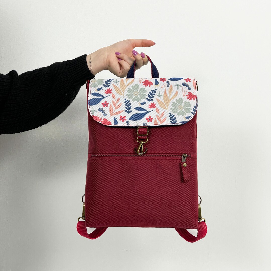 Burgundy Women's Backpack With Boho Floral Flap – Medium Size, Laptop ...