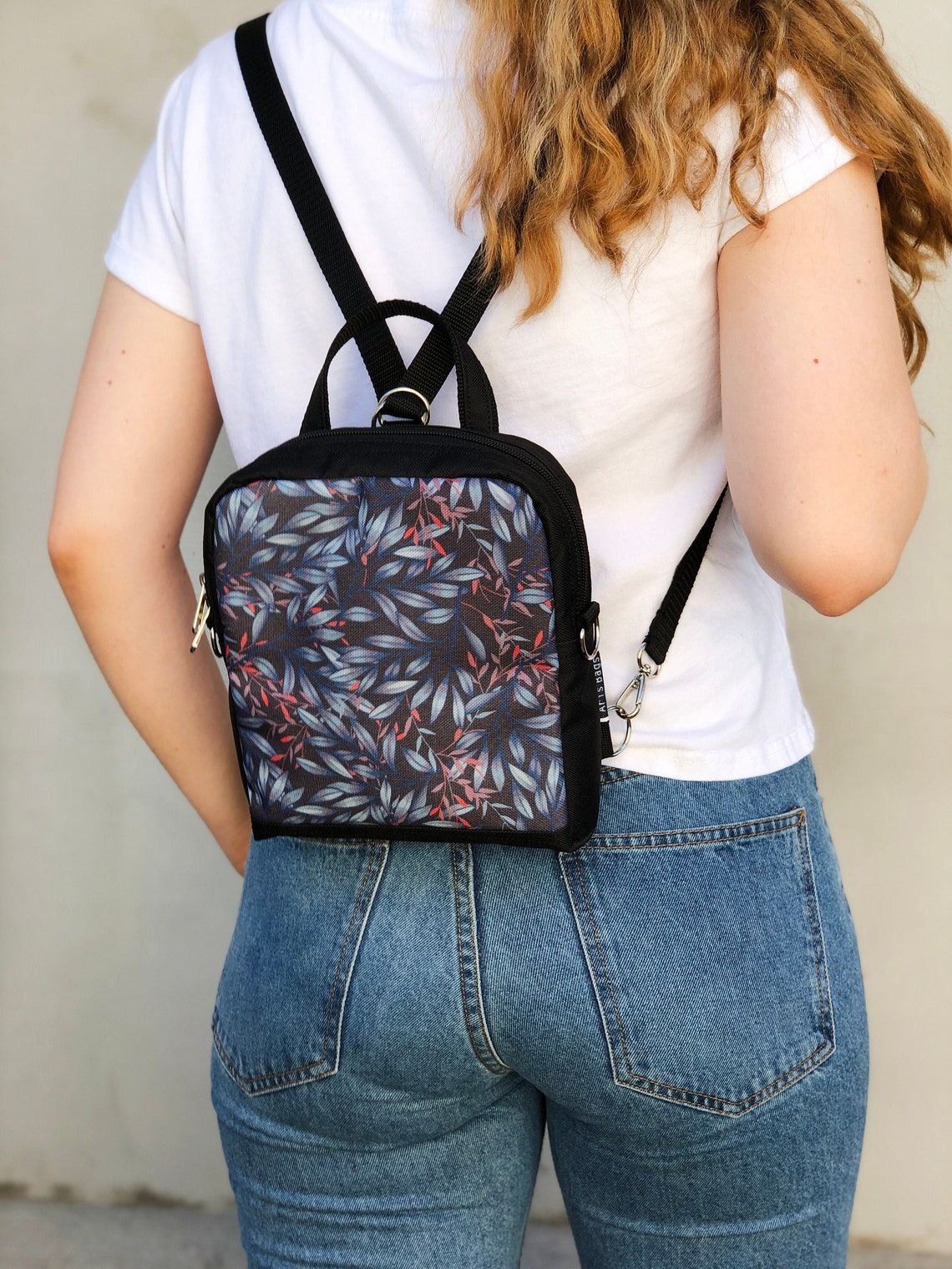 Mini Backpack Women Black Blue Leaves Small Bag Convertible | Etsy