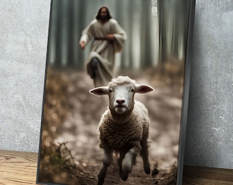 Jesus Running After a Lost Lamb Jesus Lamb of God Canvas Wall Art ...