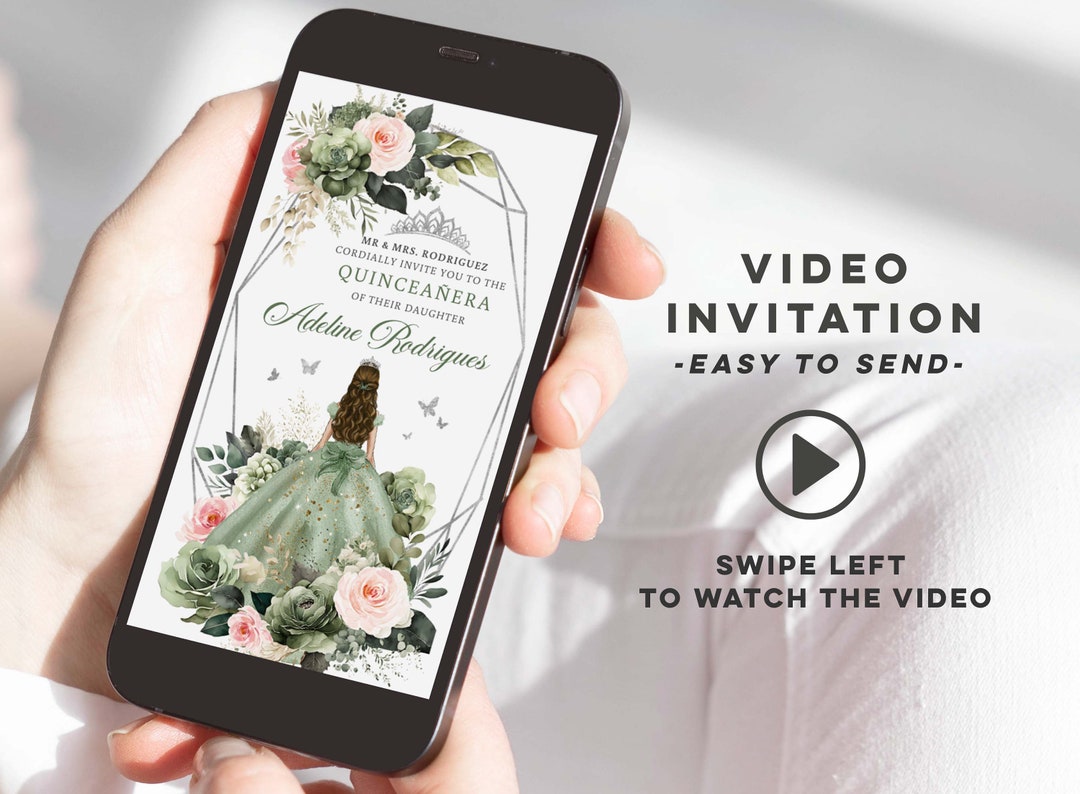 Sage Green and Blush Mis Quince Animated Invitation, Green Dress ...