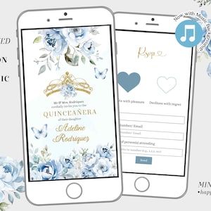 Elegant Light Blue Royal Mis Quince Electronic Invitation, Modern Blue ...