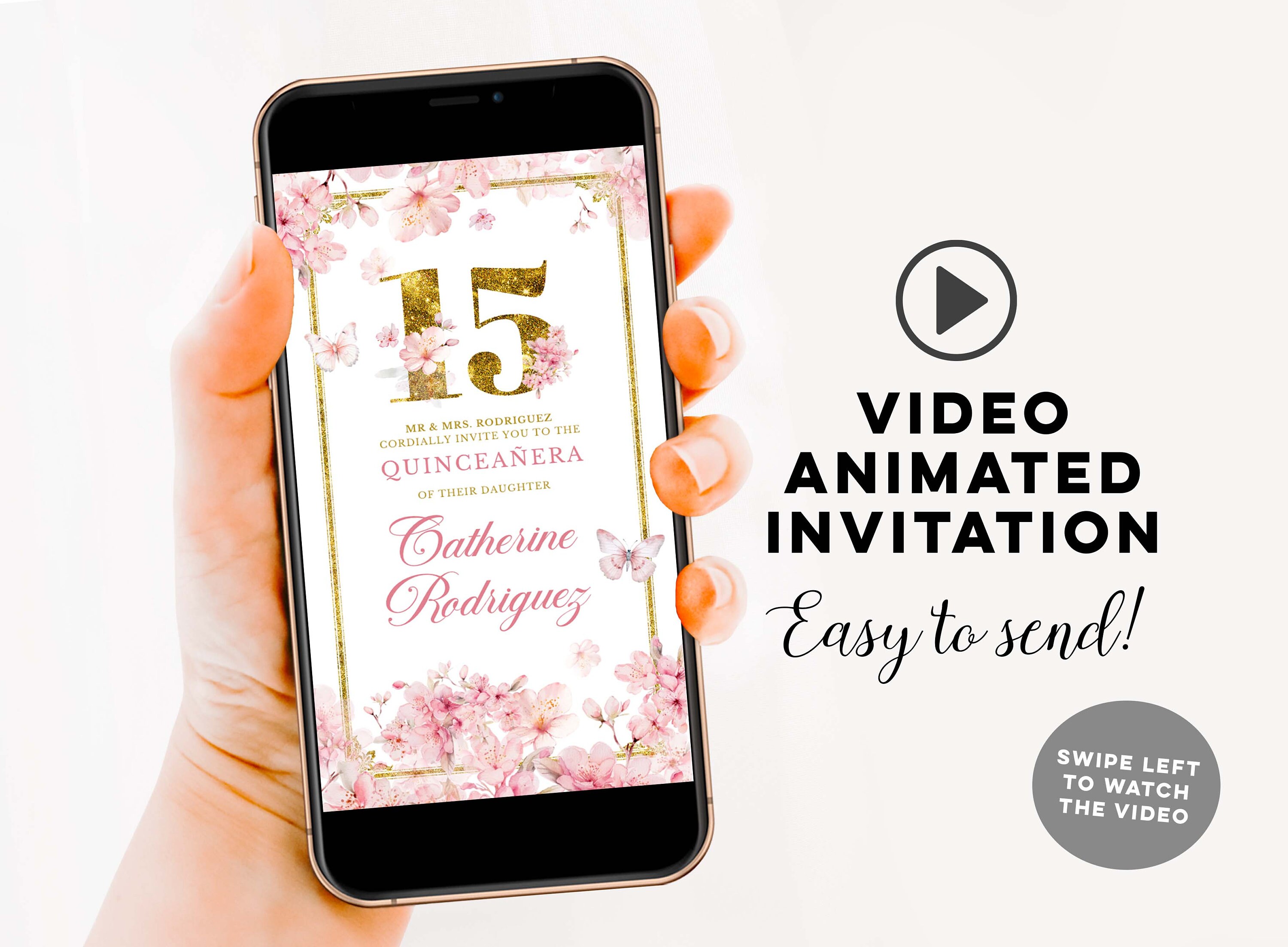 Invitación animada de mis quince de flor de cerezo rosa, quinceañera de sakura de primavera ...