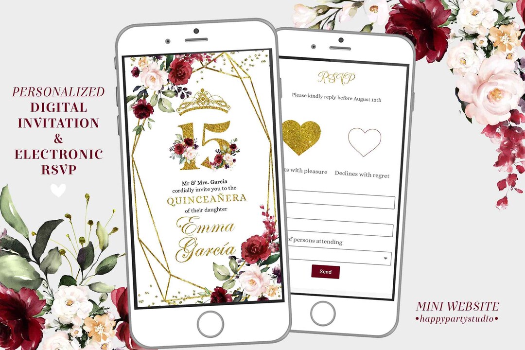 Gold Burgundy 15 Años Invitation With Online Rsvp, Red Floral ...