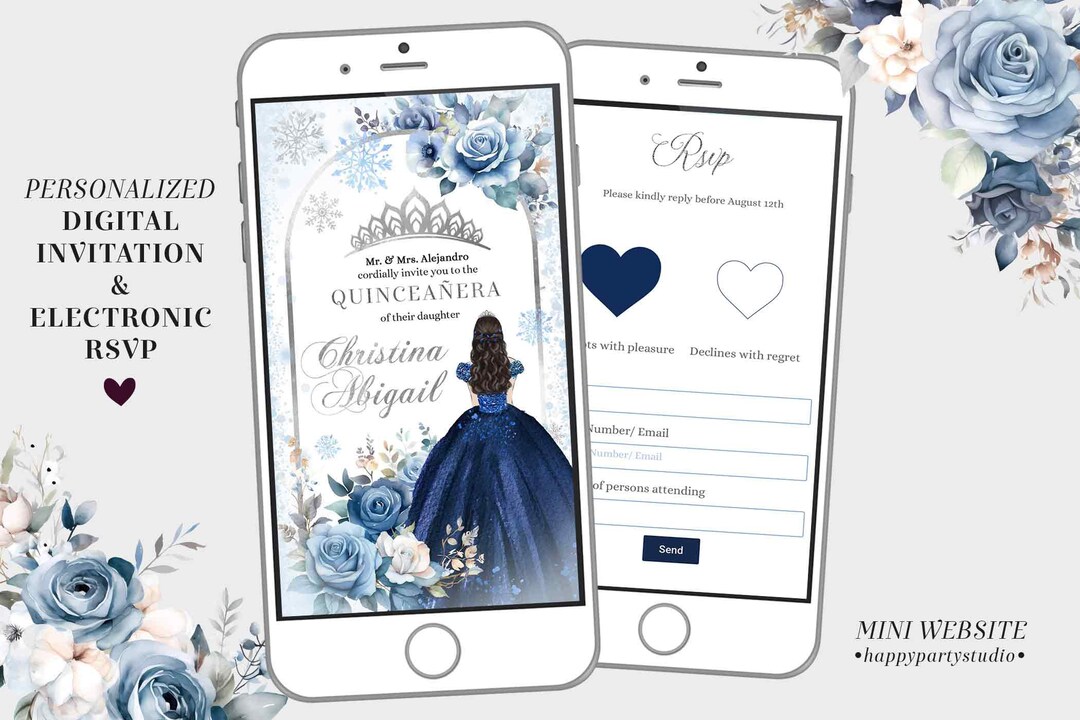 Dark Blue Magical Winter Mis Quince Website Invitation, Blue Silver ...