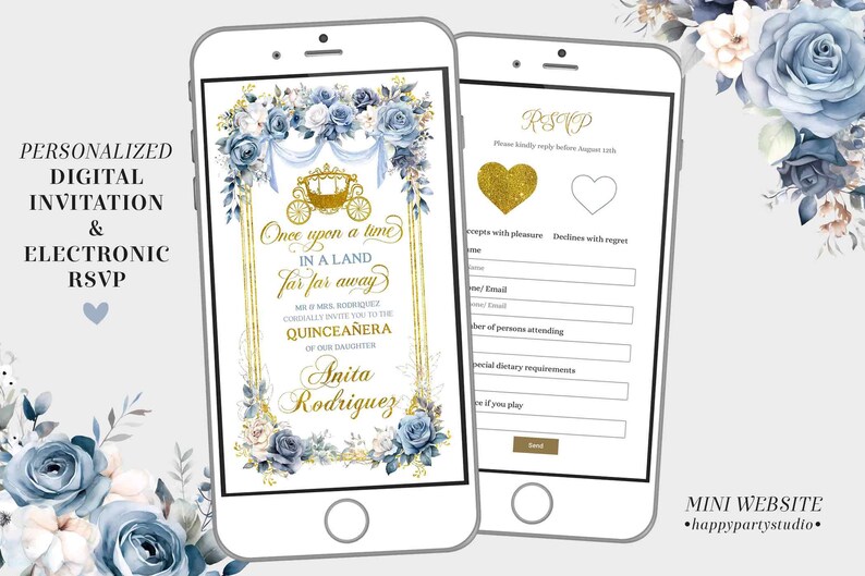 Invitación de quinceañera de cuento de hadas azul polvoriento dorado ...