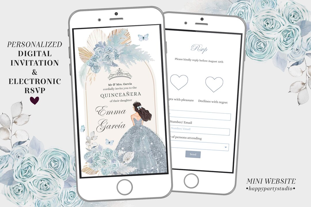 Boho Light Blue Mis XV Años Digital Invitation, Dusty Blue Dress ...