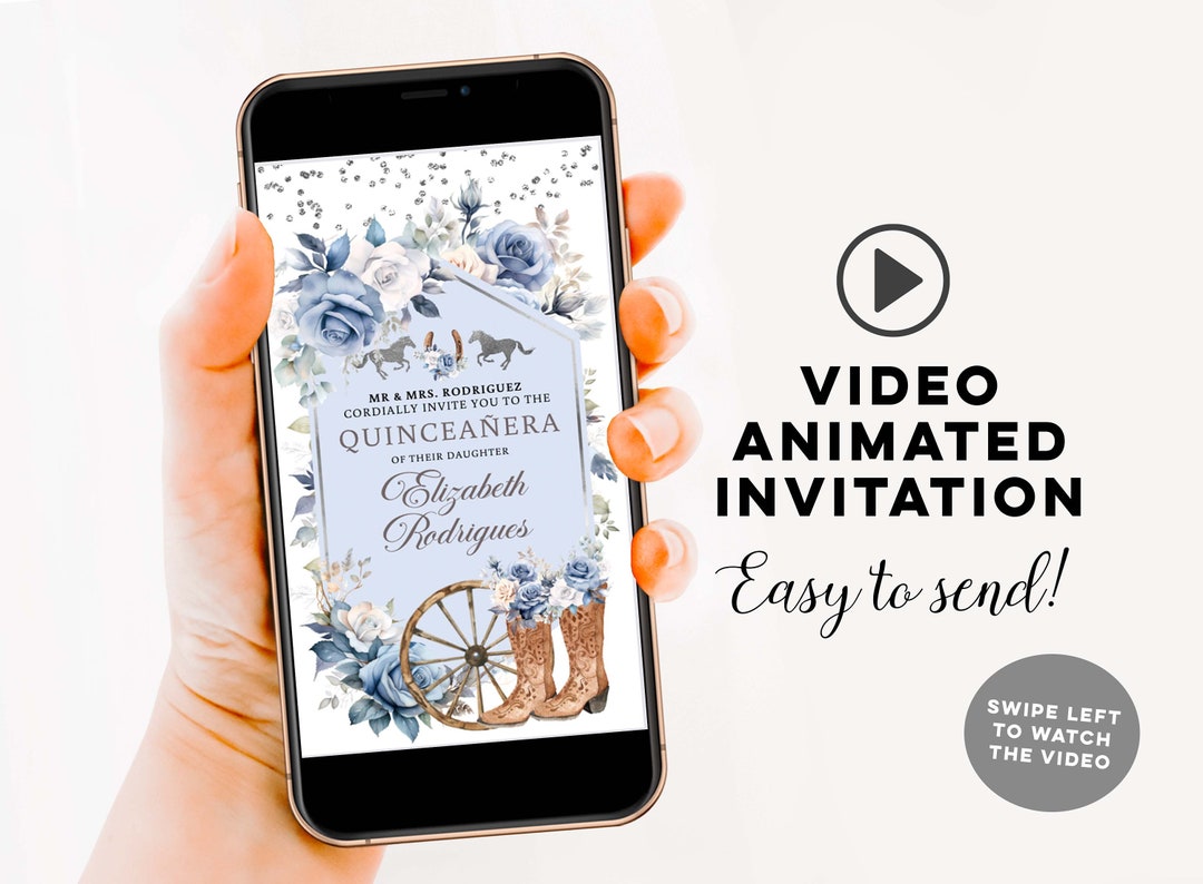 Dusty Blue Western Boots Quinceañera Animated Invitation, Silver and ...