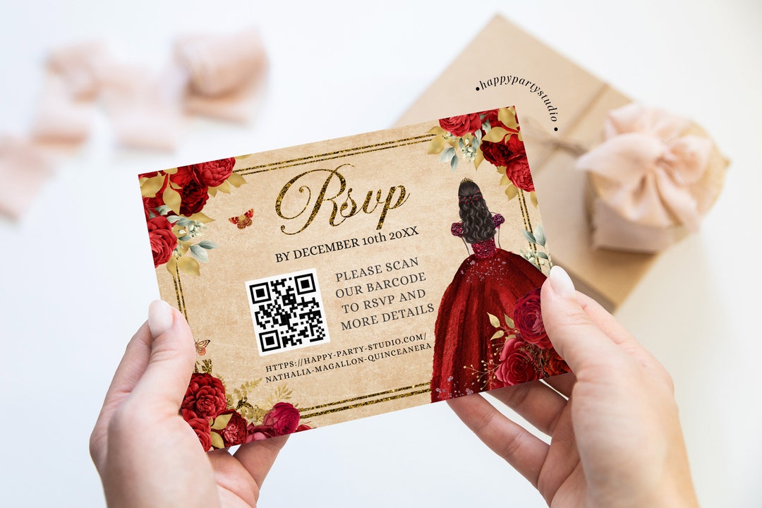 Vintage Gold Red Roses Mis Quince Invitation Qr Card, Red Dress ...