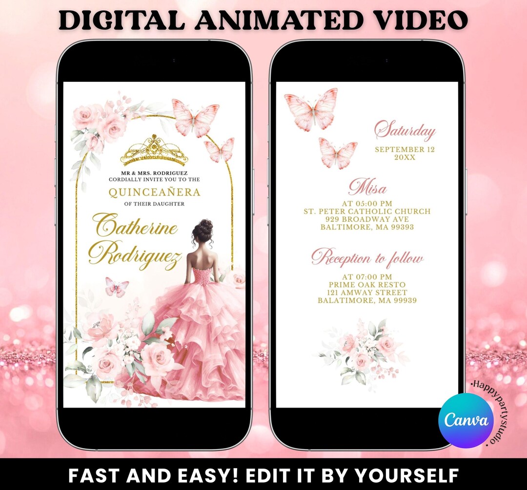 Invitación animada de quinceañera mexicana Blush Pink Garden Floral ...