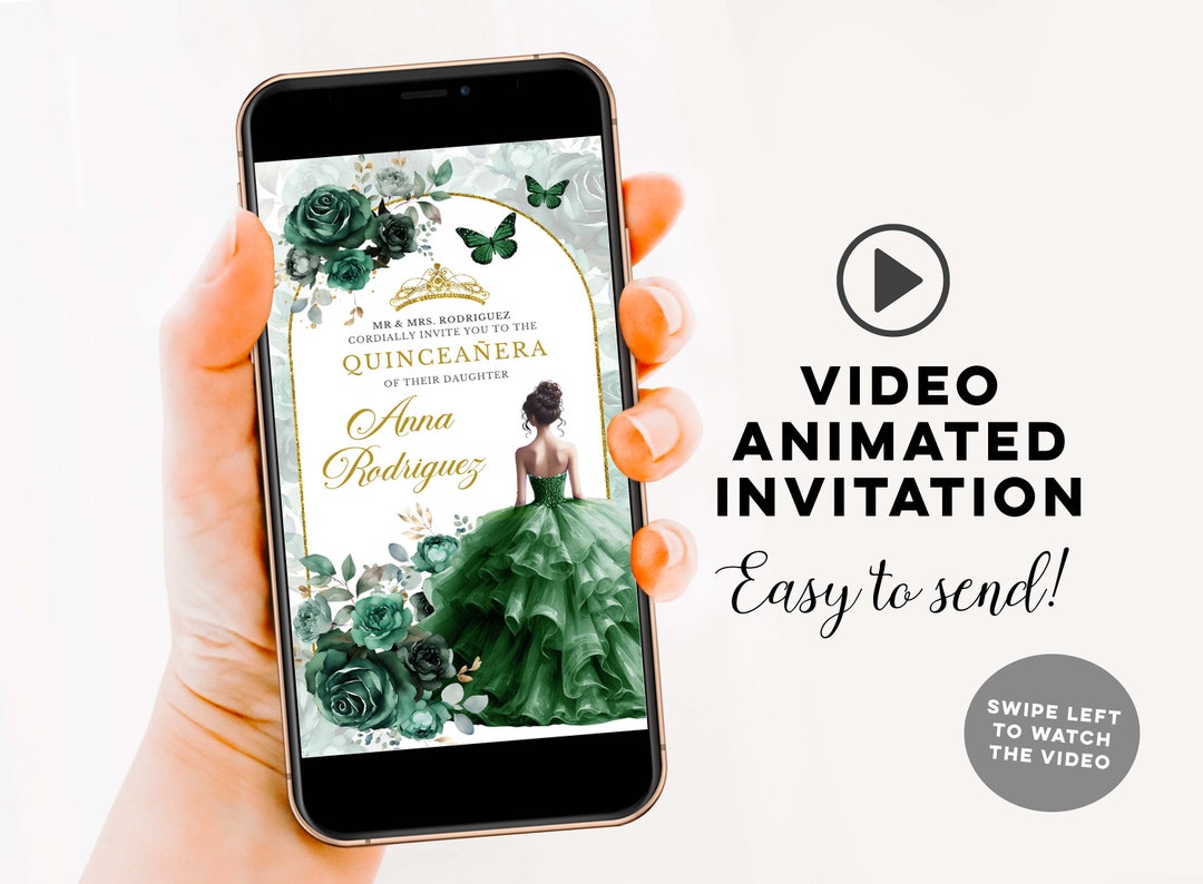 Emerald Green Mis Quince Animated Invitation, Boho Green Floral ...