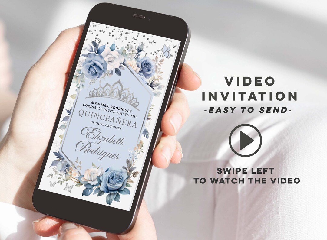 Boho Dusty Blue Mis Quince Animated Invitation, Silver & Blue Floral ...