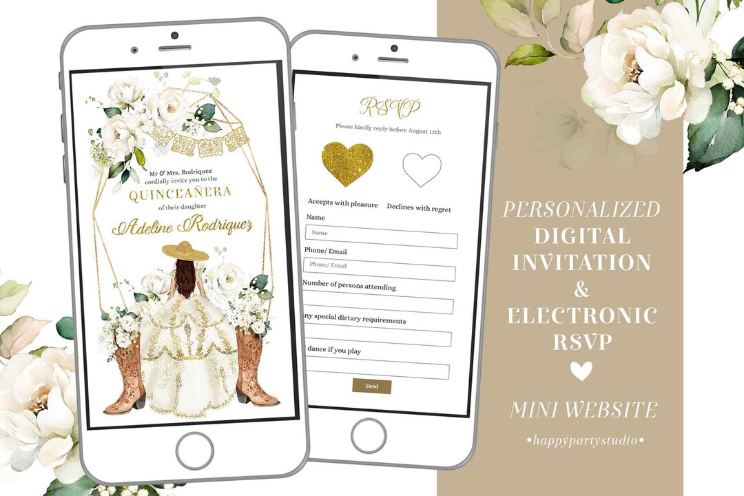 Digital Mexican Boots Ivory White Gold Quinceañera Invitation, White ...