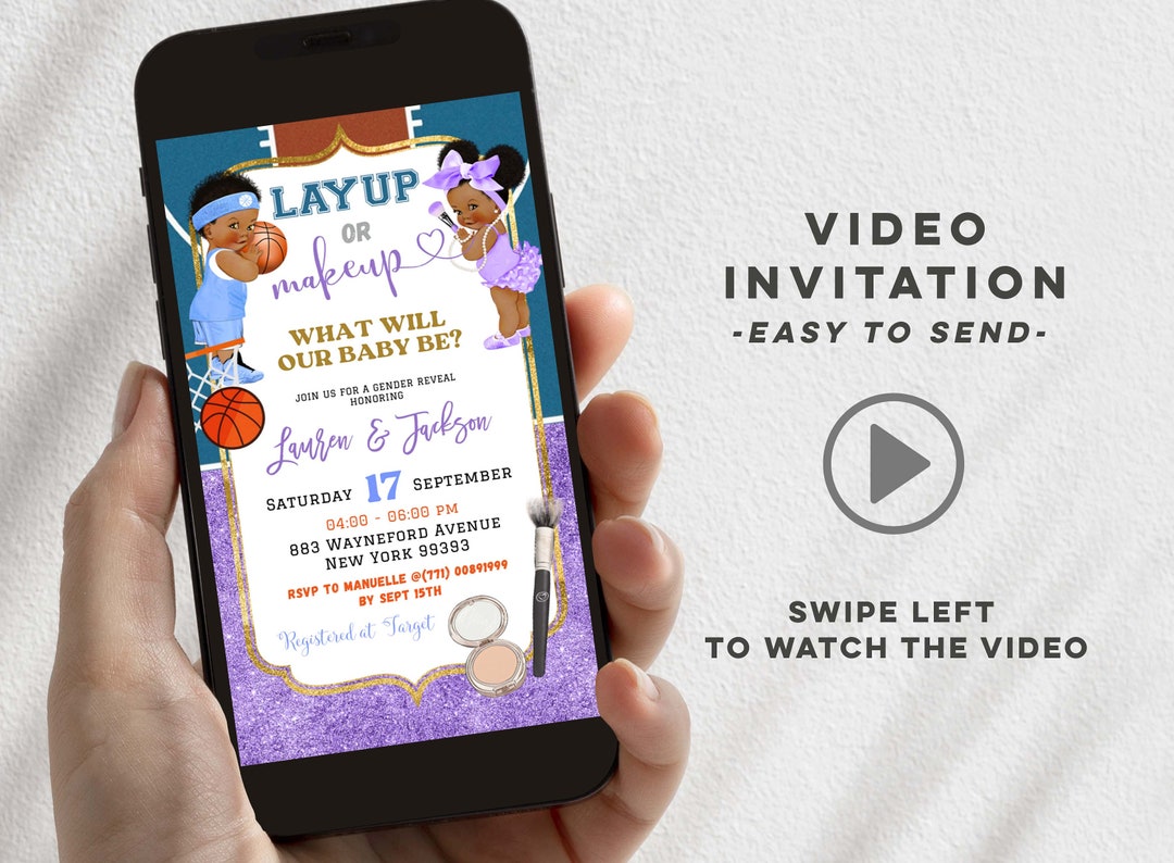 Editable Layup or Makeup Gender Reveal Animated Invitation, Blue and ...