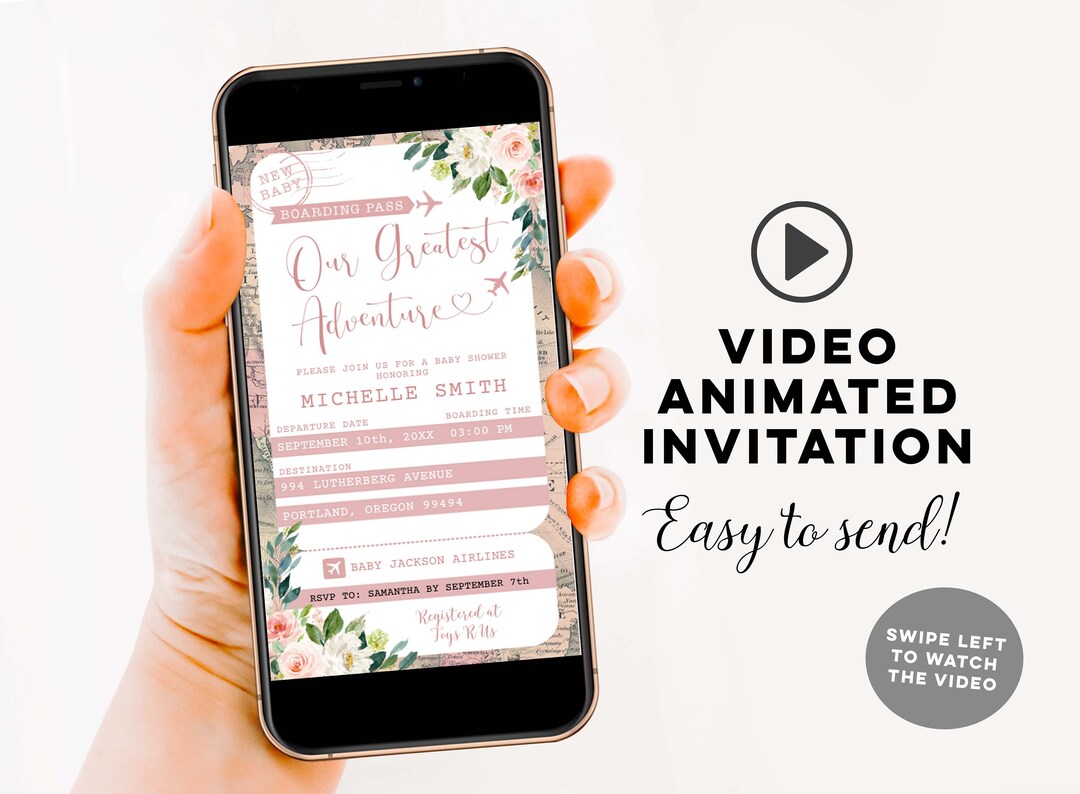 Pink Airline Ticket Baby Shower Animated Invitation, Our Greatest ...