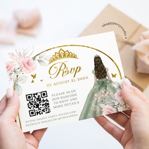 Sage Green Quinceañera QR Rsvp, Blush Pink Xv Años With QR Code, Gold ...