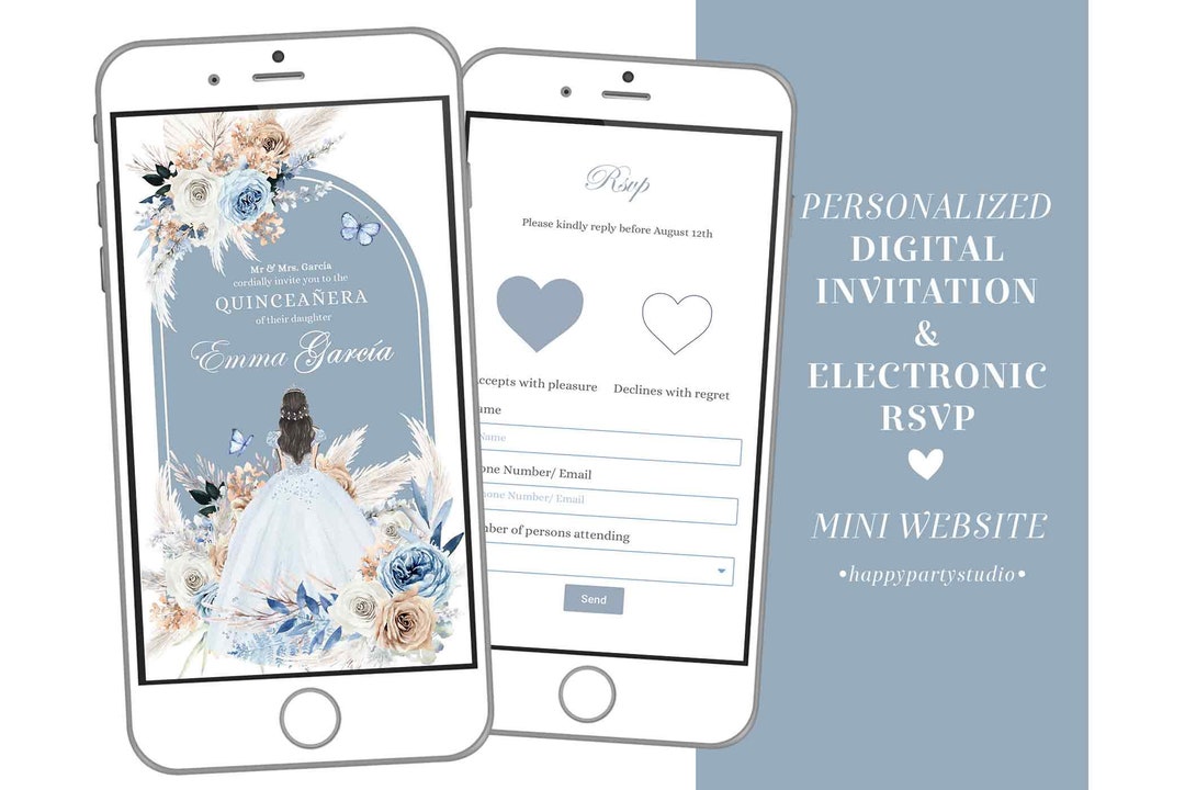 Boho Baby Blue Quinceañera Invitation, Silver and Baby Blue Mis Quince ...