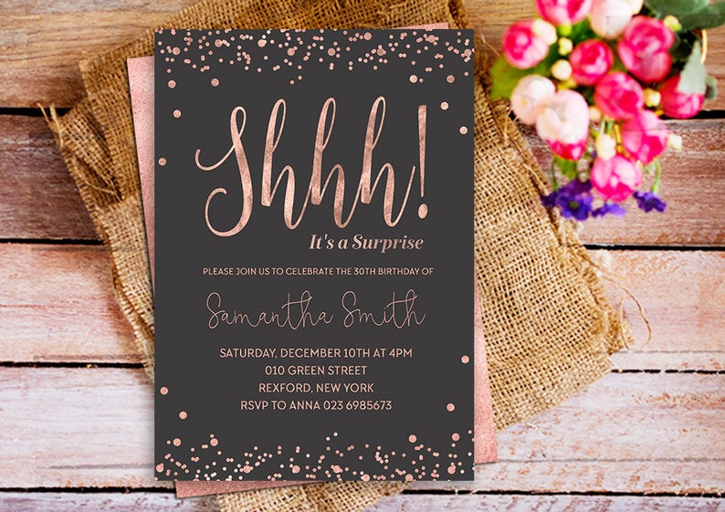 Shhh it's a surprise party birthday invitation rose gold | Etsy