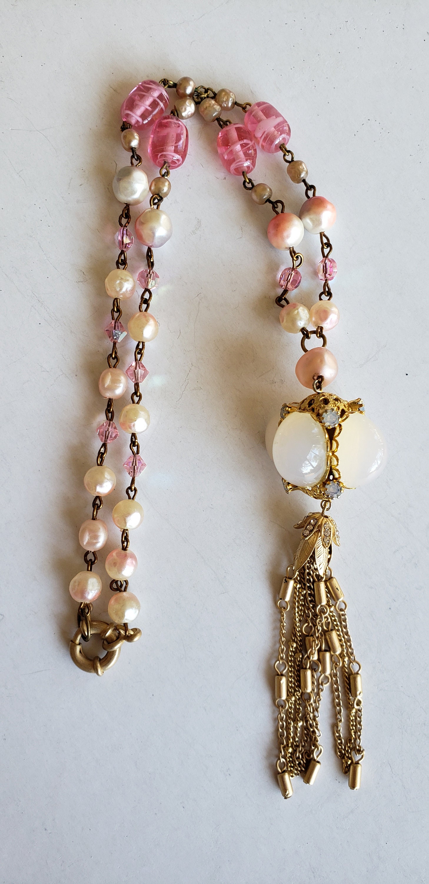 Art Nouveau Pink Opal Rhinestone Chain & Gold Rhinestone Tassel Chain ...