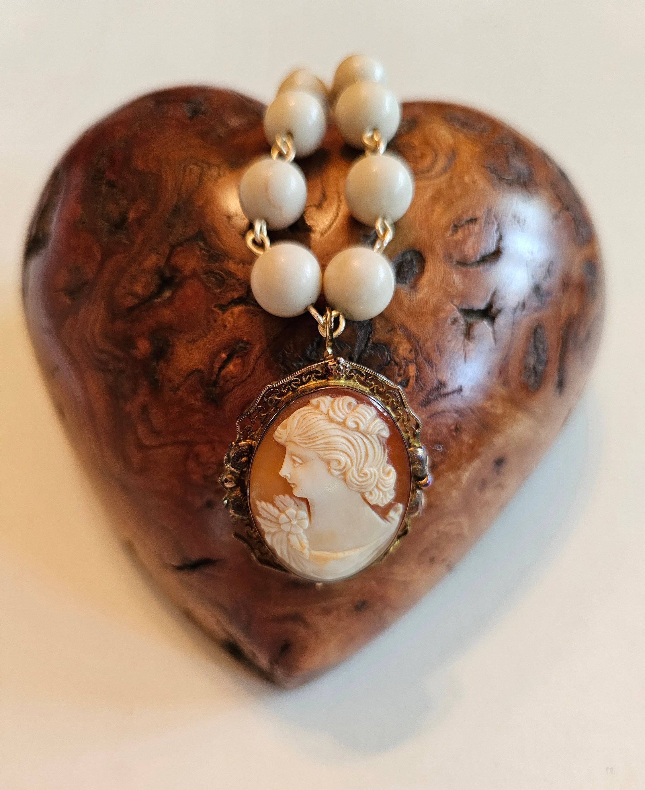 Antique Victorian Carved Shell Cameo Natural Riverstone Beaded Necklace ...