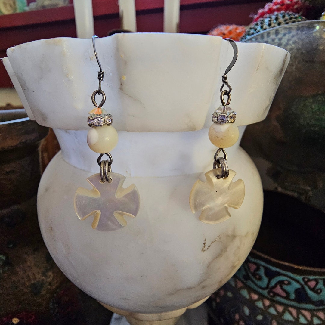Vintage Mother of Pearl MOP Celtic Cross Religious Upcycled Earrings Rhinestone Sterling ...