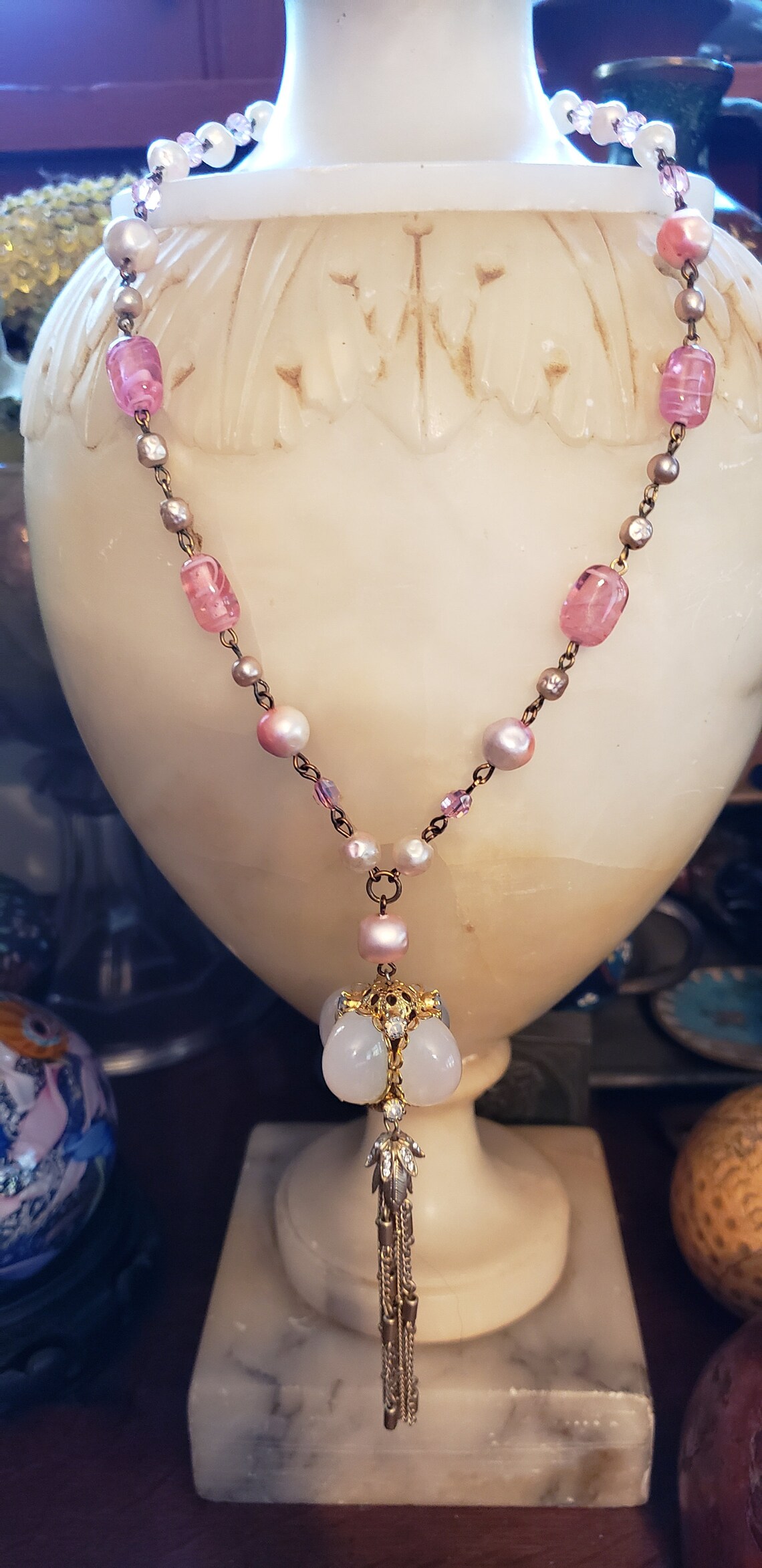 Art Nouveau Pink Opal Rhinestone Chain & Gold Rhinestone Tassel Chain ...