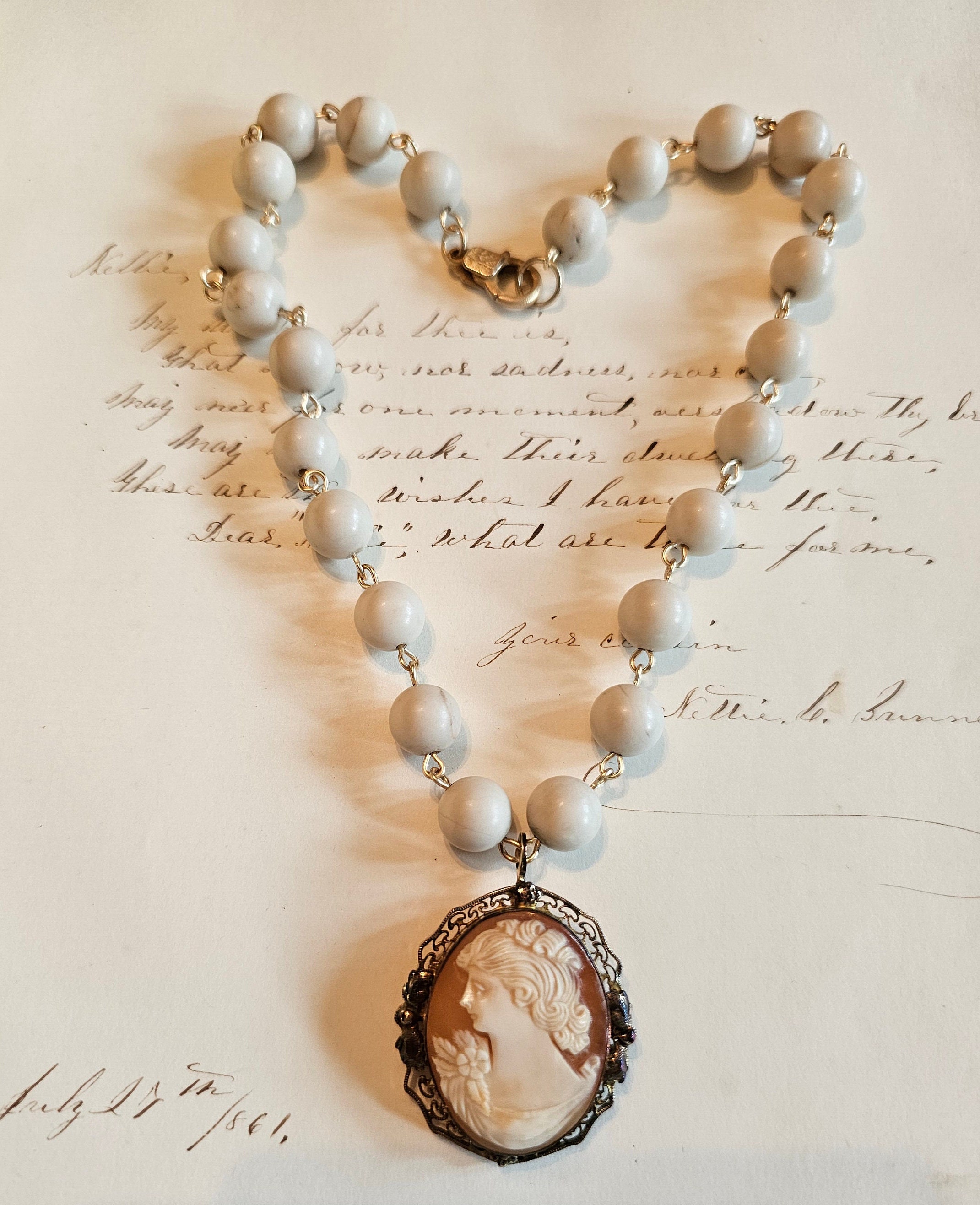 Antique Victorian Carved Shell Cameo Natural Riverstone Beaded Necklace ...