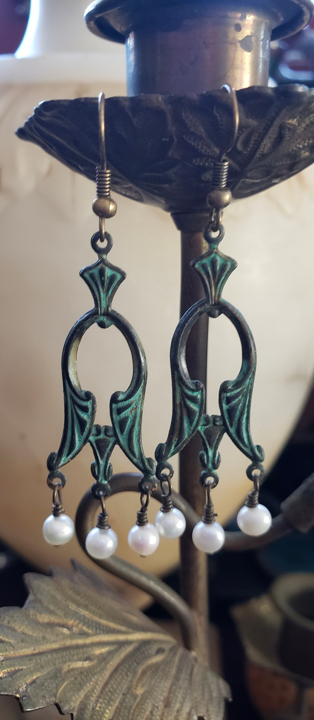 Art Nouveau Verdigris Chandelier Earrings Freshwater Pearl - Etsy
