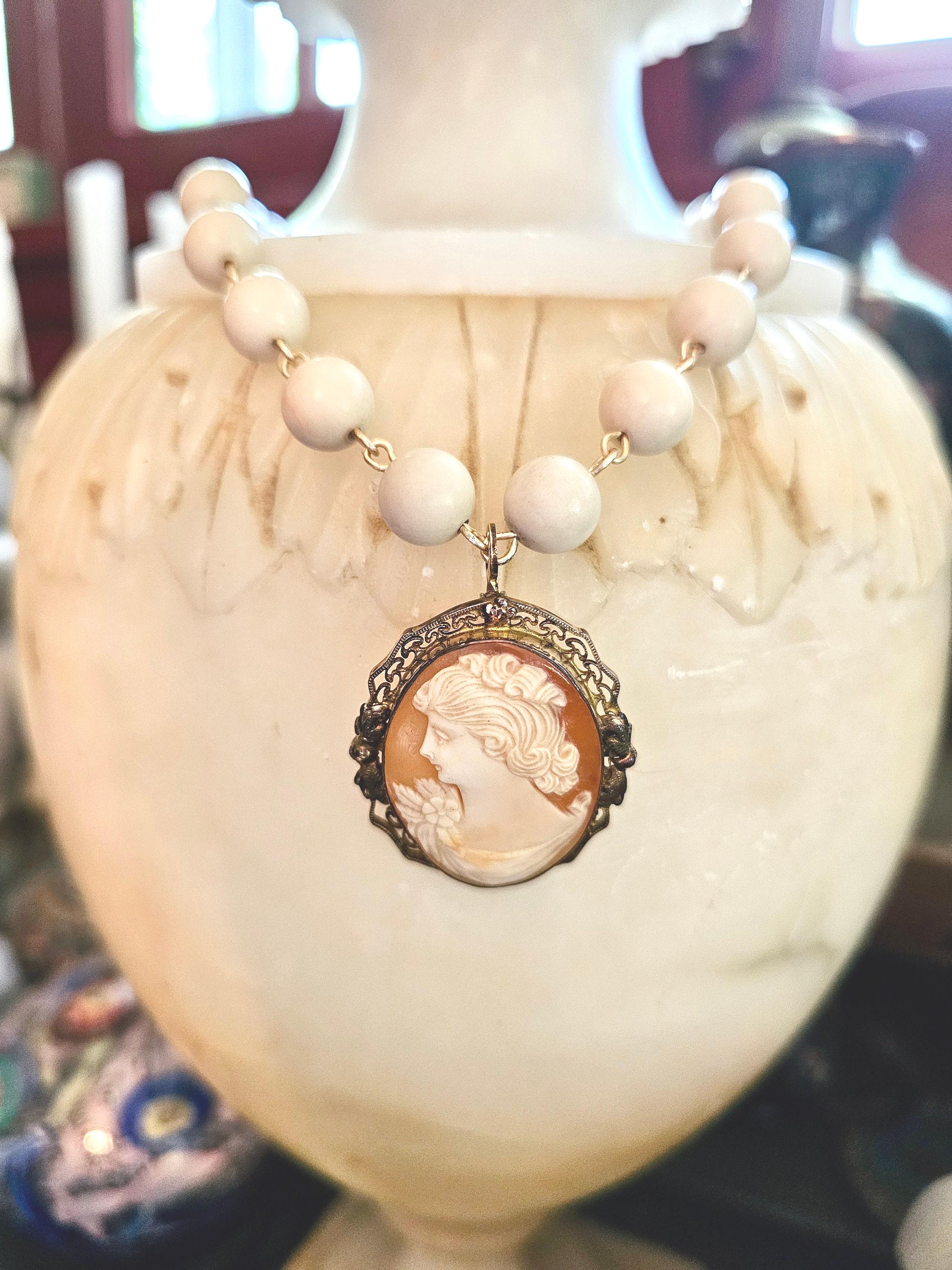 Antique Victorian Carved Shell Cameo Natural Riverstone Beaded Necklace ...