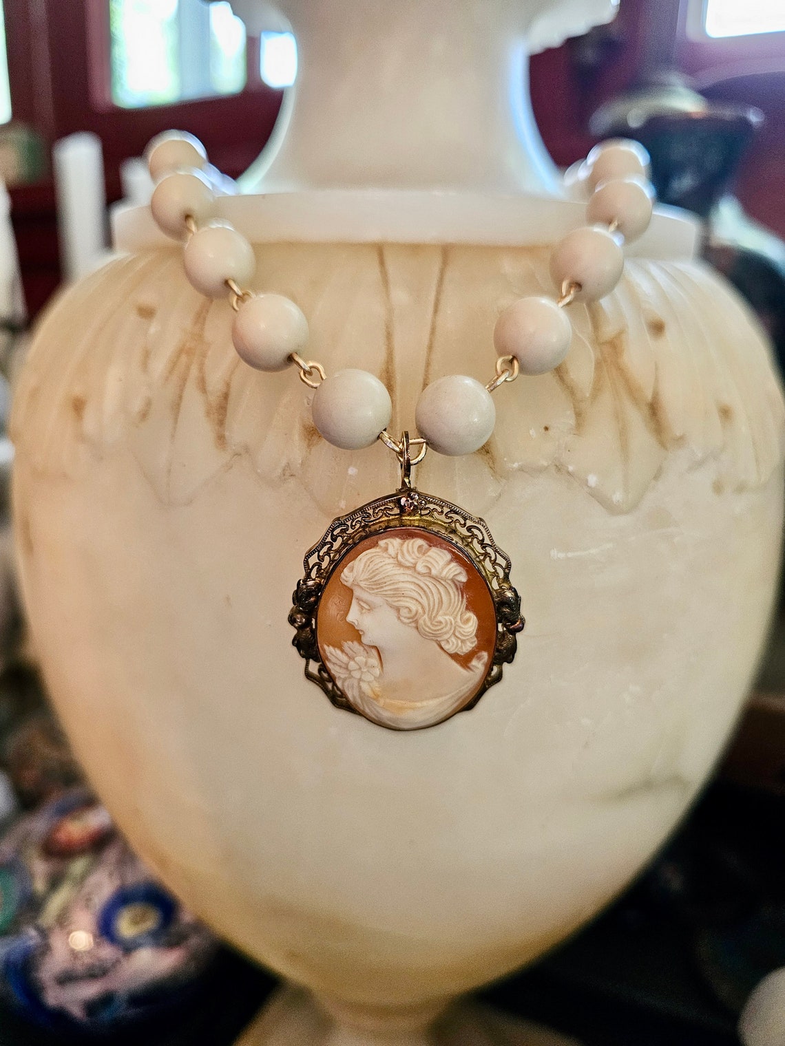 Antique Victorian Carved Shell Cameo Natural Riverstone Beaded Necklace ...