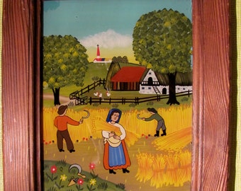 Painting Framed Reverse Glass Painting Naivette style The Four Seasons ...