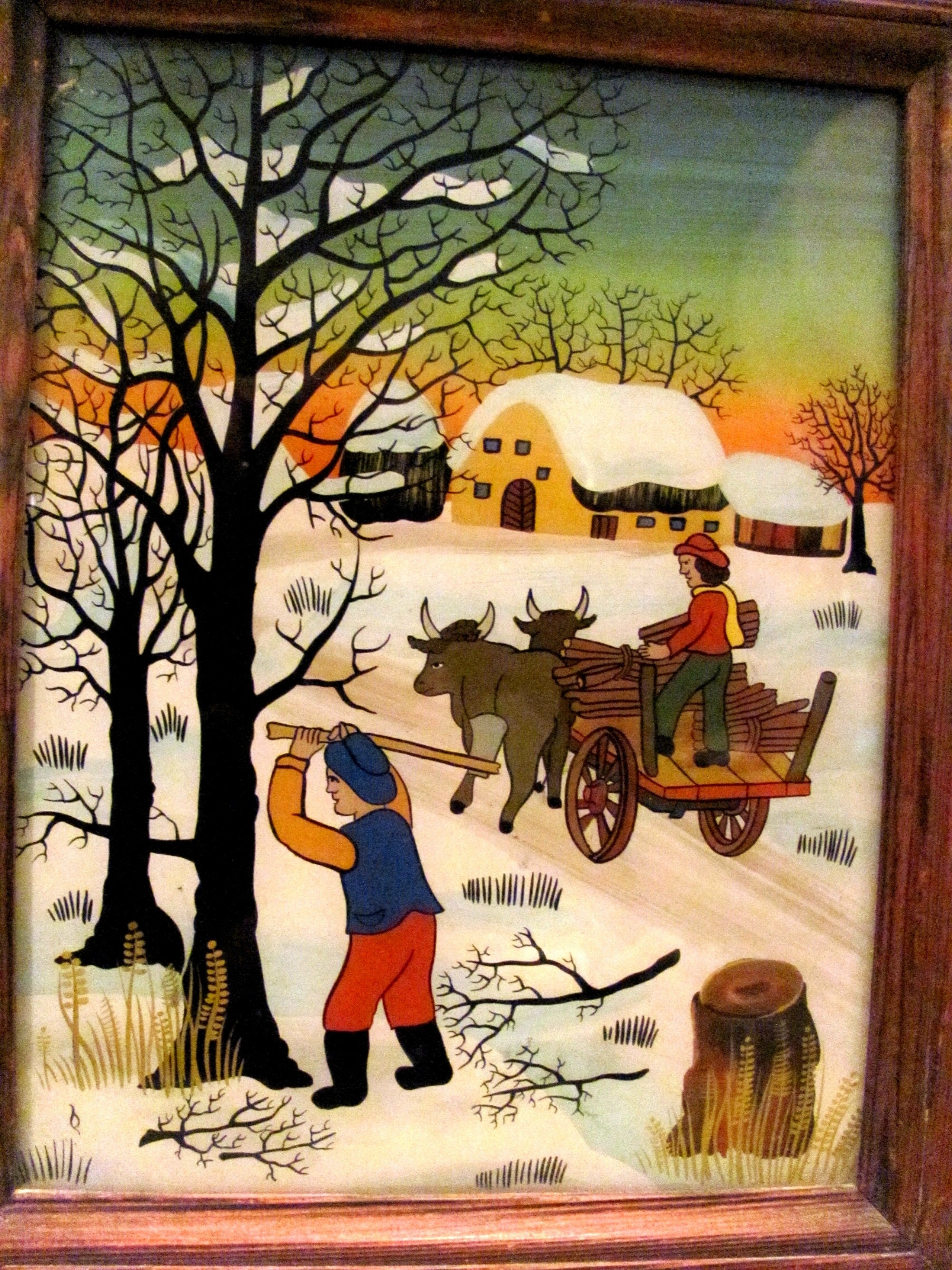 Painting Framed Reverse Glass Painting Naivette style The Four Seasons ...