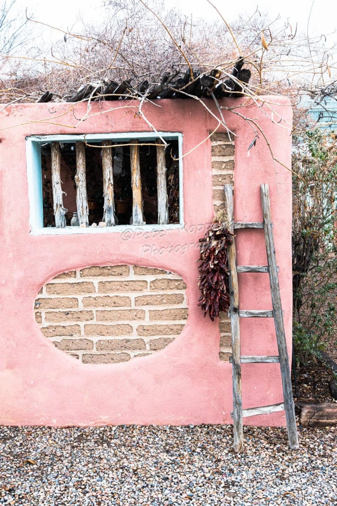 Santa Fe Pink Adobe House, Wooden Ladder, Thatched Roof, New Mexico ...