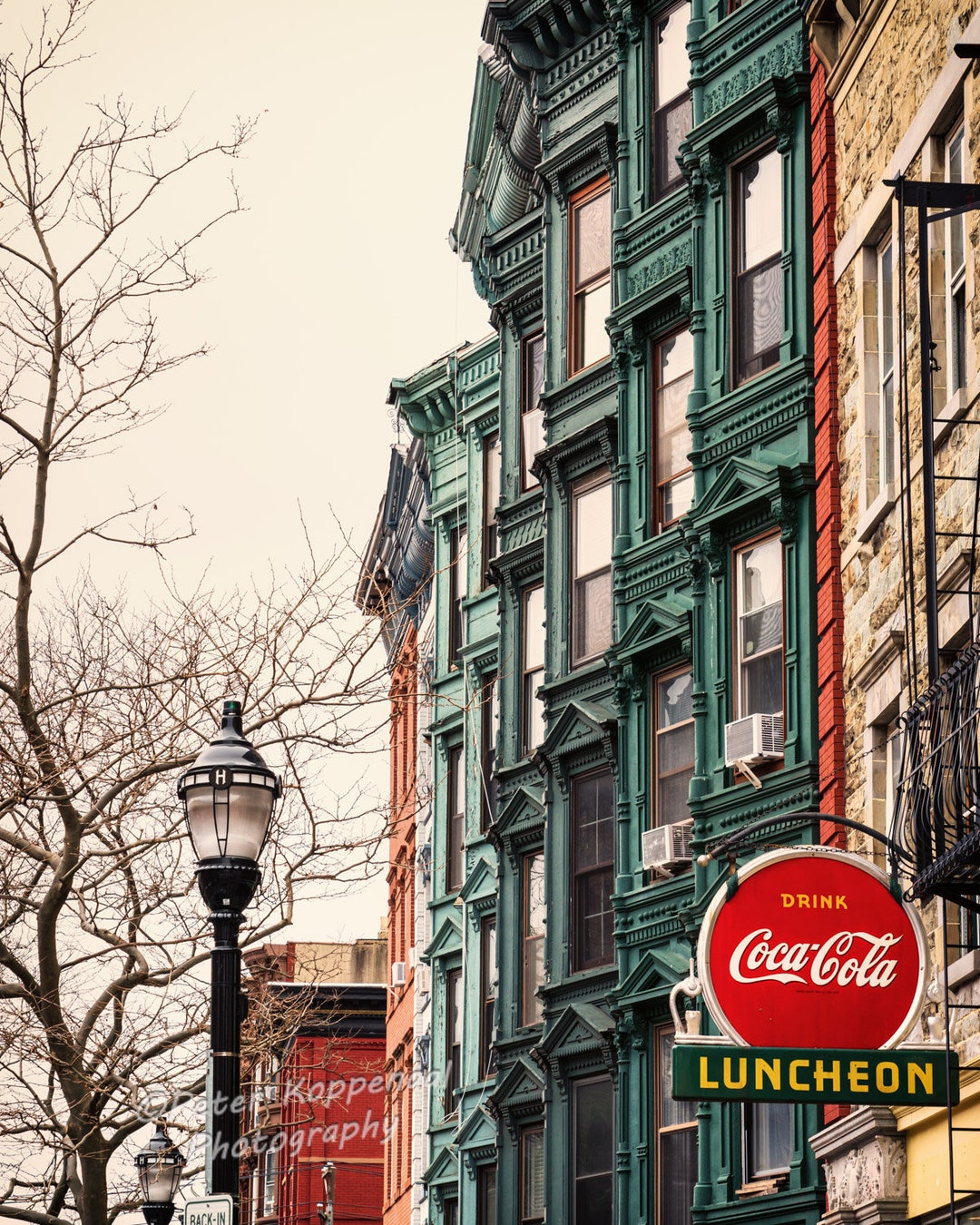 Hoboken Street Print, Brownstone Row House, Luncheonette Coke Sign ...