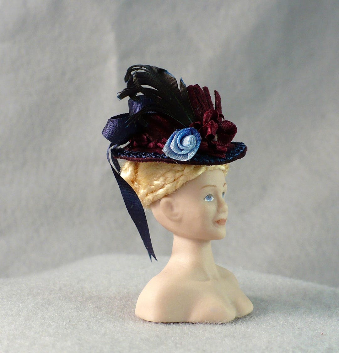 Miniature Bowler Style for Victorian Lady Wine Ultrasuede Blue Trims 1 ...