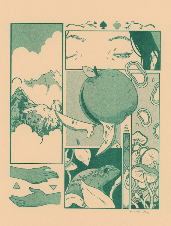 Riso Print Nature Comic With Mushroom Mountains Frog in | Etsy