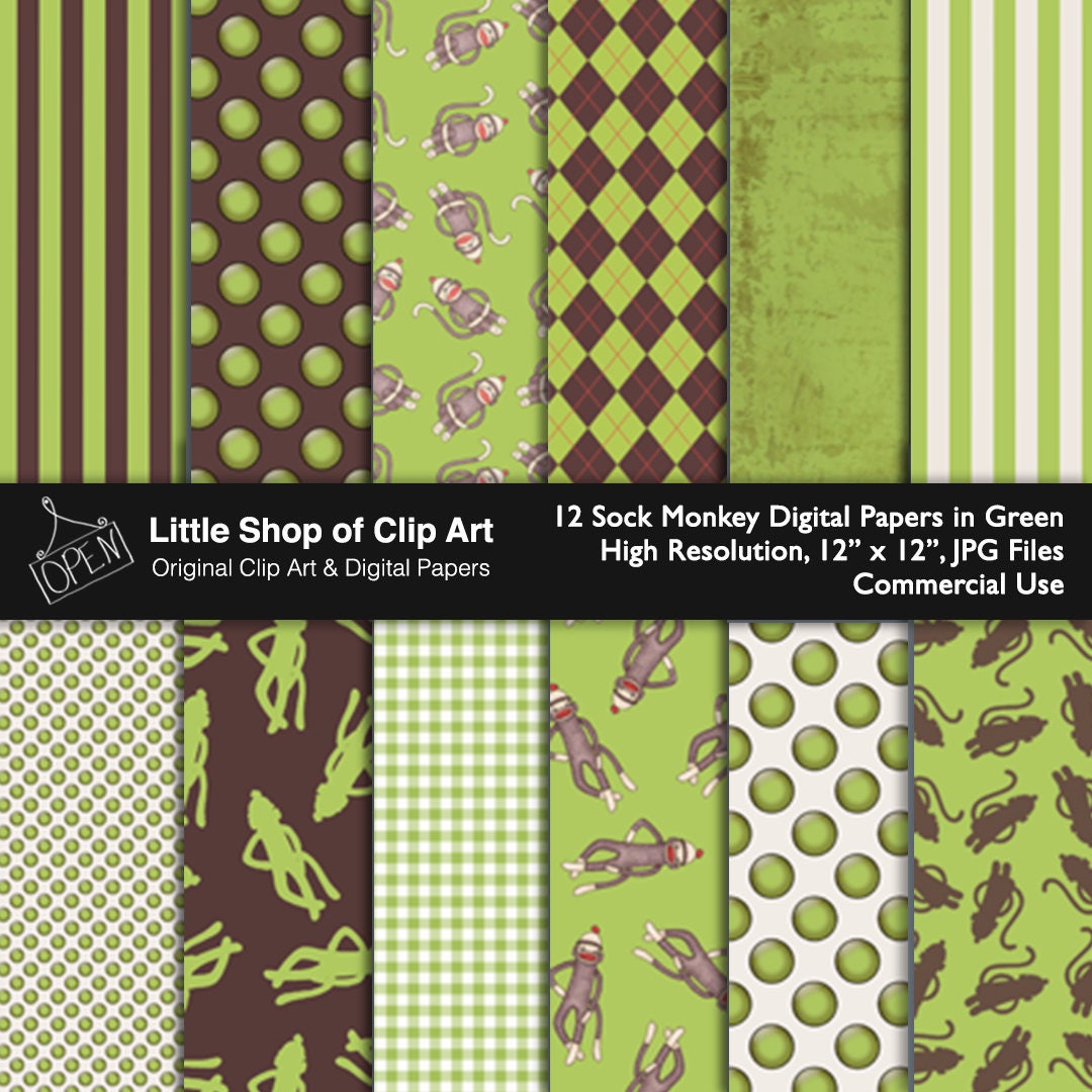 Sock Monkeys Digital Paper in Green and Brown | Etsy