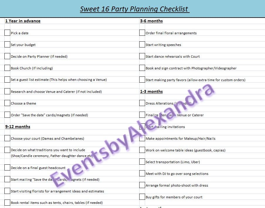 Sweet Sixteen Party Checklist